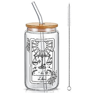 Uiifan 16 oz Zodiac Iced Coffee Glasses Beer Can Shaped Drinking Glasses Glass Cups with Lids and Straws Cleaning Brush Cute Drinking Jars Zodiac Gifts for Women Men Tea Soda (Libra Style)