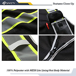 JKSafety 3 Pockets High Visibility Zipper Front Safety Vest MESH Lite | Black with Dual Tone High Reflective Strips | Meets ANSI/ISEA Standards (99-Black, X-Large)