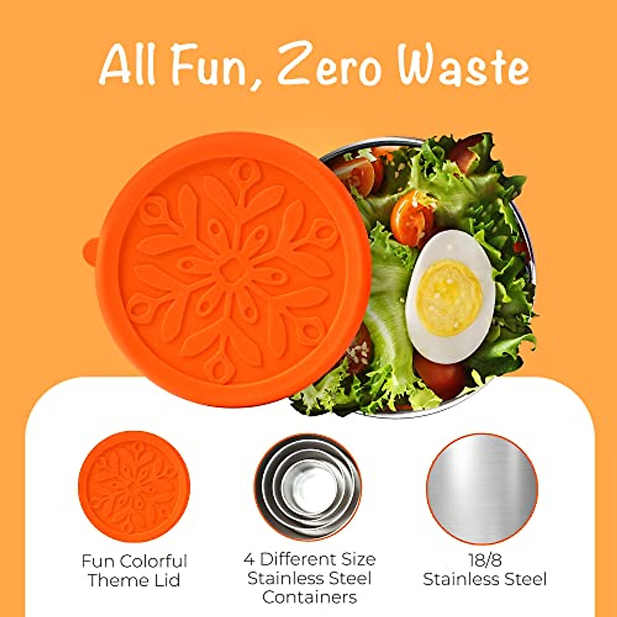 The Pinwheelers - Storage Containers With Lids, Food Storage Container Christmas Gift Bundle, Stainless Steel Containers With Lids In 4 Assorted Sizes, Family Gifts Ideas, Orange Lid