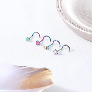 ZS 9PCS 20G Nose Rings for Women, 316L Stainless Steel Nose Piercings Jewelry, Colorful Screw L-Shape Nose Studs Rings (Corkscrew)