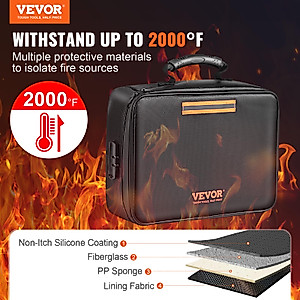 VEVOR Fireproof Document Box, Fireproof Document Bag with Lock 2000℉, 3-Layer Fireproof and Waterproof File Box 14.17x10.63x4.13 inch with Zipper, for Money, Documents, Jewelry and Passport