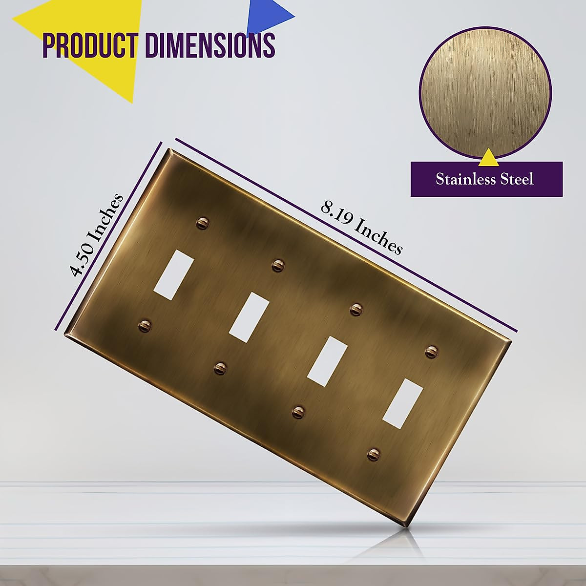 ENERLITES Quad Toggle Light Switch Metal Cover Plate, Stainless Steel Wall Plate, Corrosion Resistant, Standard Size 4-Gang 4.50" x 8.19", Stainless Steel 201, 7714-AB, Antique Brass