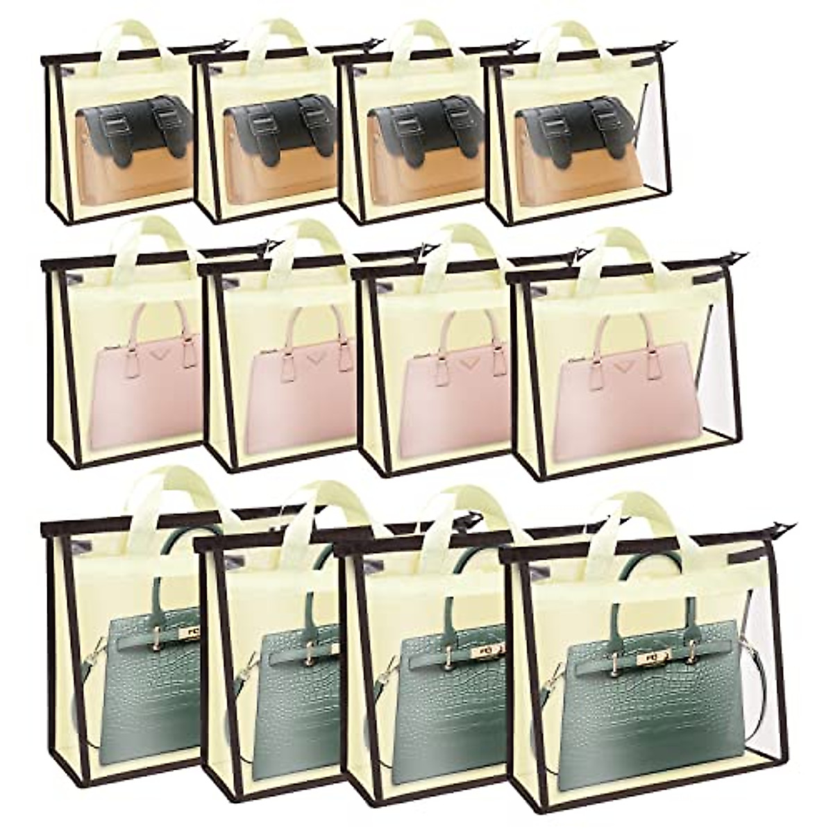 Theresduet 12 Pack Dust Bags for Handbags, Purse Storage Organizer, Clear Handbag Storage with Zipper and Handles, Beige