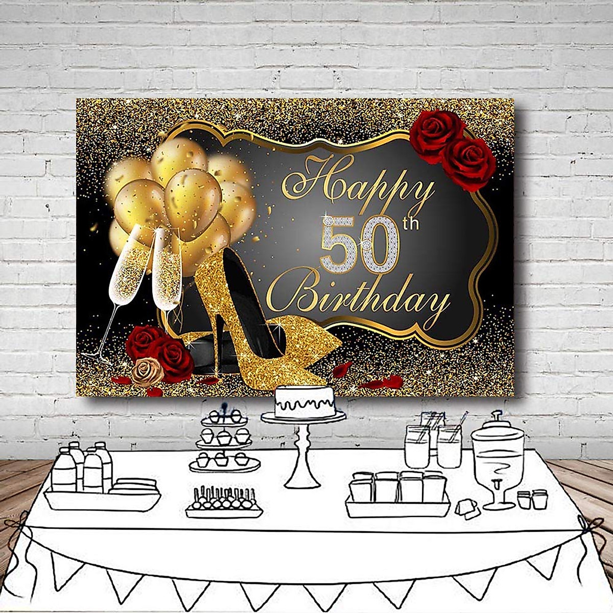 MEHOFOTO Photo Background Shining Sequin Black Gold High Heels Champagne Woman Red Rose Balloons 50th Happy Birthday Party Banner Backdrops for Photography 8x6ft