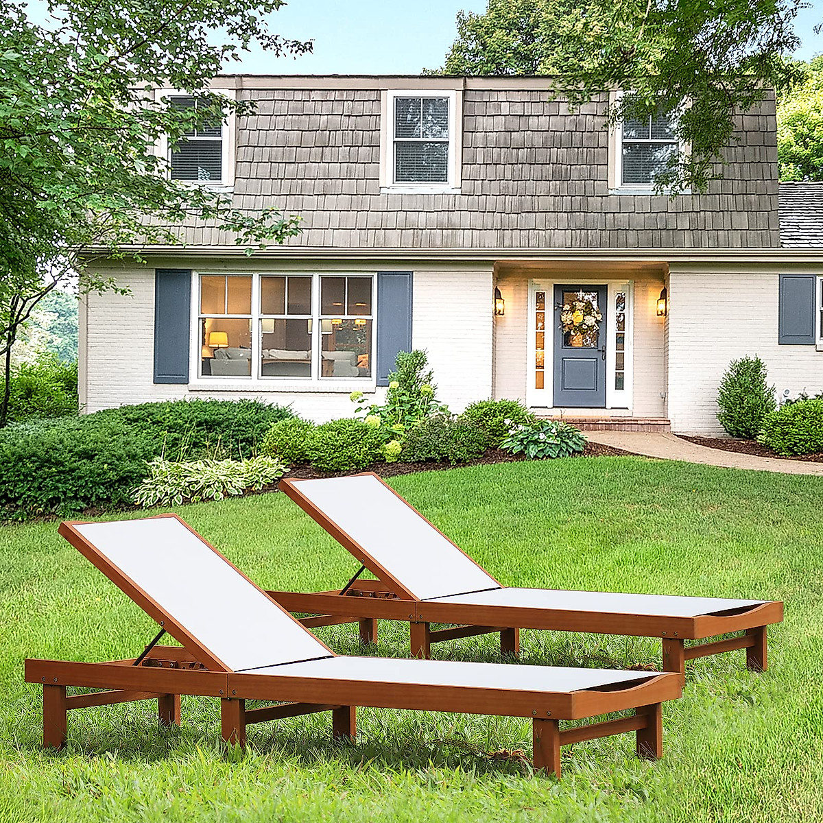 Tangkula Outdoor Wood Chaise Lounge Chair, Patio Chaise Lounger with 5-Postion Adjustable Back, Eucalyptus Wood Reclining Lounge Chair with Breathable Fabric for Poolside Lawn Backyard (2, White)