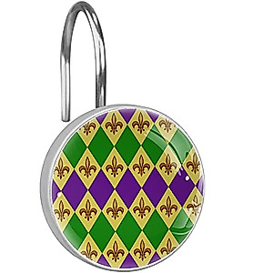 12PCS Mardi Gras Pattern Shower Curtain Hooks Rings for Bathroom, Decorative Shower Curtain Hooks Rods Curtains and Liner