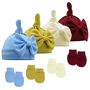 8PCS Newborn Baby Hats and Mittens Set Bow Beanies No Scratch Mittens Warm Elastic Infants Hats 0-6 Months