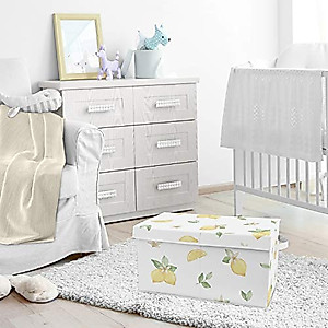 Sweet Jojo Designs Lemon Floral Girl Small Fabric Toy Bin Storage Box Chest For Baby Nursery Kids Room - Yellow Green Beige White Watercolor Boho Bohemian Farmhouse Fruit Flower Blossom Botanical Leaf