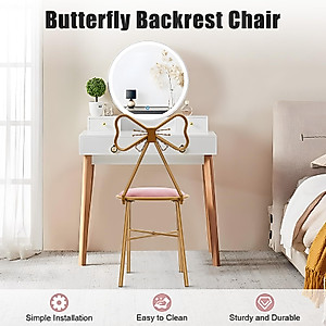 Gbonklong Vanity Chair Stool, Bedroom Princess Leather Vanity Stool, Pink Butterfly Makeup Chair with Bow Knot Backrest, Home Decor Chair Minimalist Chair for Bedroom/Living Room