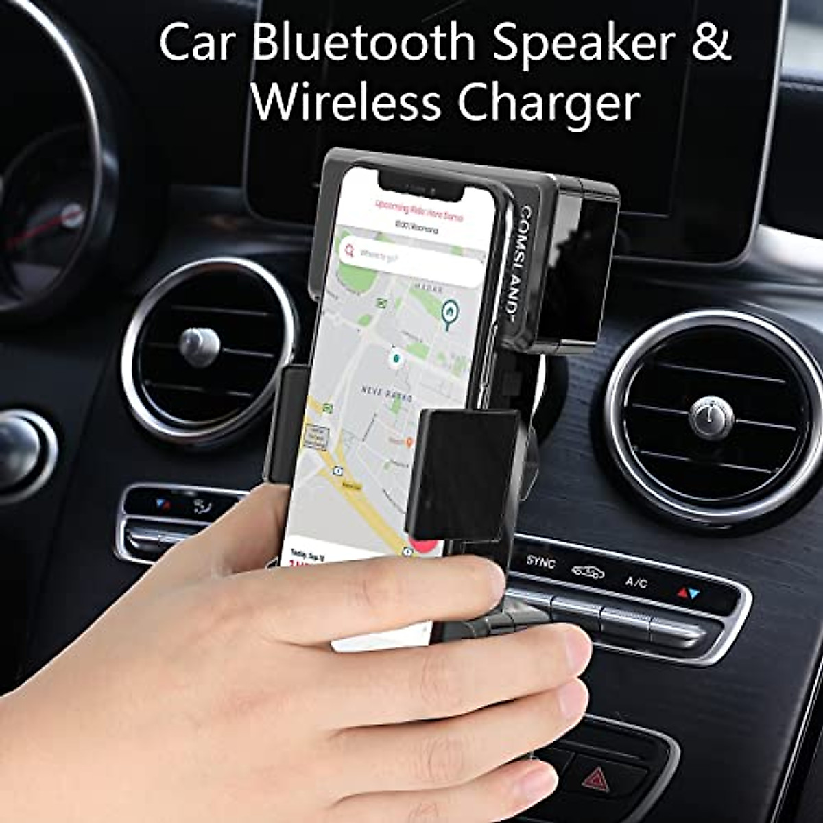 NEWBILITY Cell Phone Stand with Bluetooth Speaker and QI Wireless Charger Dual Stereo Player Infrared Induction Automatic Phone Clip Cell Phone Stand for Desktop 3 in 1