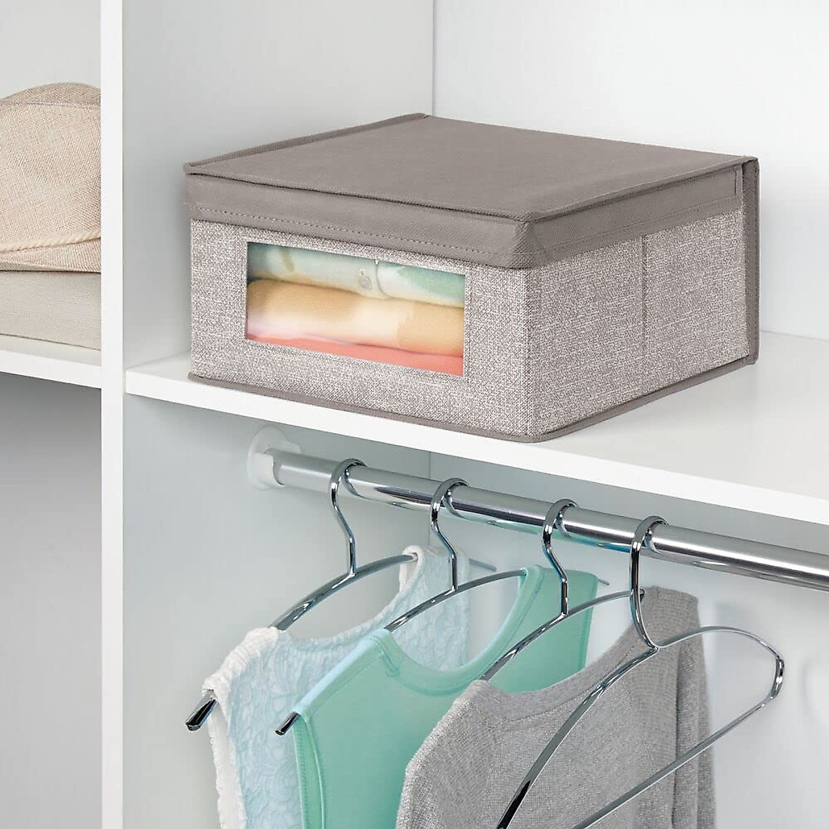 mDesign Medium Fabric Stackable Closet Storage Organizer Box with Front Window/Lid for Bedroom, Office, Mudroom Organization, Hold Clothes, Blankets, Linens, Lido Collection, 2 Pack, Linen/Tan