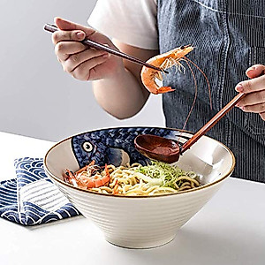 NJCHARMS Ceramic Japanese Ramen Noodle Soup Bowl, 2 Sets (6 Piece) 60 Ounce Ramen Bowls, with Spoons and Chopsticks for Udon, Pho, Asian Noodles, Ramen Noodles Bowl, Blue