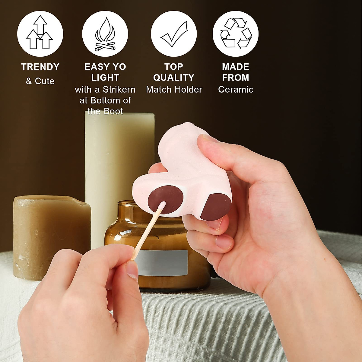 Cowboy Boot Match Holder, Ceramic Boot Match Holder with Striker Cute Indoor Decorative Accessory for Bathroom Bedroom Kitchen (Pink)