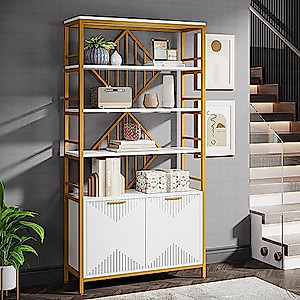 Tribesigns Modern Bookshelves and Bookcases with Doors 11.8in Depth Floor Standing 5 Shelf Display Storage Shelves Bookcase Home Decor Furniture for Home, Office, Living Room, Bedroom