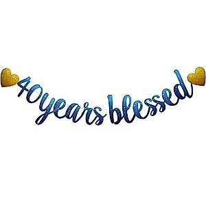 40 Years Blessed Banner, Pre-Strung, Blue Glitter Paper Garlands for 40th Birthday/Wedding Anniversary Party Decorations Supplies, No Assembly Required,(Blue) SUNbetterland