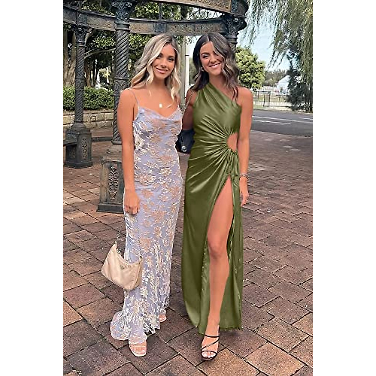 PRETTYGARDEN Women's 2023 Summer One Shoulder Satin Dress Cutout High Split Cocktail Wedding Guest Maxi Dresses (Dark Army Green,Medium)