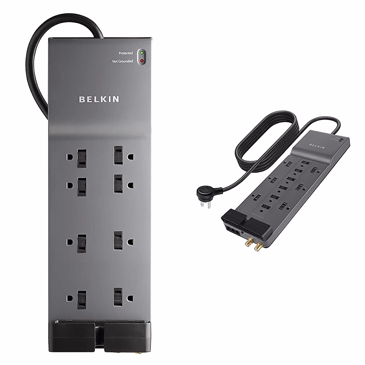 Belkin BE108230-06 8-Outlet Power Strip Surge Protector w/Flat Plug, 6ft Cord (3,550 Joules),Black & 12-Outlet Power Strip Surge Protector w/ 8ft Cord (3,940 Joules), Gray