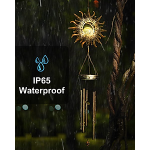 DesGully Solar Wind Chimes, Sun Wind Chime Outdoor Clearance w/Glowing Crackle Glass LED Unique Wind Bells for Outside Waterproof Chimes, Gifts for Her/Him (42" Long Metal Chimes)…