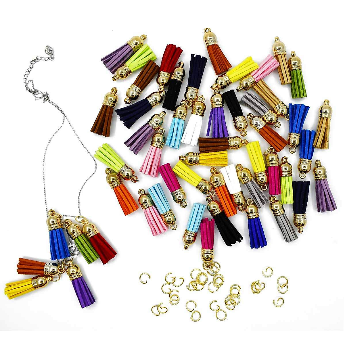Tassels for Keychains Faux Suede Tassel for DIY Jewelry Making 60 Pcs Leather Keychain Charms Bulk & 60 Pcs Jump Rings Key Chain Rings Bulk for Cellphone Straps Pendants Crafts