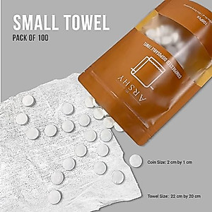 ARSHY 100 PCs Compressed Towels, Mini Tablets Disposable Portable Face Towel Cotton Coin Tissue for Travel, Camping, Hiking, Sport, Beauty Salon, Magic towel and Outdoor Activities