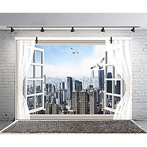 Baocicco 10x7ft White Windowsill Backdrop Vinyl Window View Photography Background White Window Curtains City Skyline Blue Sky Children Kids Adult Portrait Photo Video Studio Props