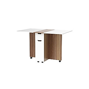 JOMEED Folding Dining Table with 6 Wheels, Drawer and 2-layer Storage Shelf, Drop Leaf Table for Small Space Space Saving Dining Table for Kitchen, Living Room (White and Wood Grain)