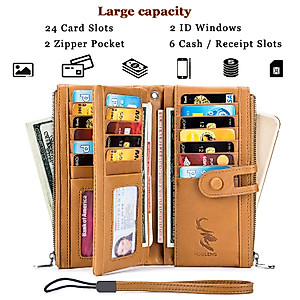 Roulens Wallet for Women Large Capacity Genuine Leather Bifold RFID Blocking Card Holder Clutch Travel Purse Wristlet
