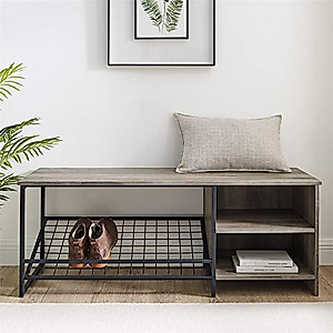 Walker Edison Industrial Metal and Wood Entryway Bench Shoe Storage Shelf Hallway Organizer, 48 Inch, Grey Wash