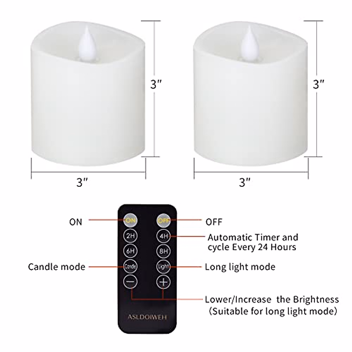 3x3 Flickering Flameless Candles Set of 2, 2AA Battery Life 600 Hours Battery Candles Flickering with Timer, 3 inch Flameless Candles with Remote for Valentines Day Decorations Indoor/Outdoor, White