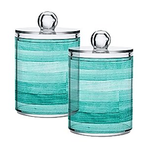 ALAZA 2pcs Teal Turquoise Green Wood Qtip Holder Dispenser 14 oz Bathroom Storage Clear Apothecary Jars Containers Cotton Ball,Cotton Rounds,Floss Picks, Hair Clips, Food