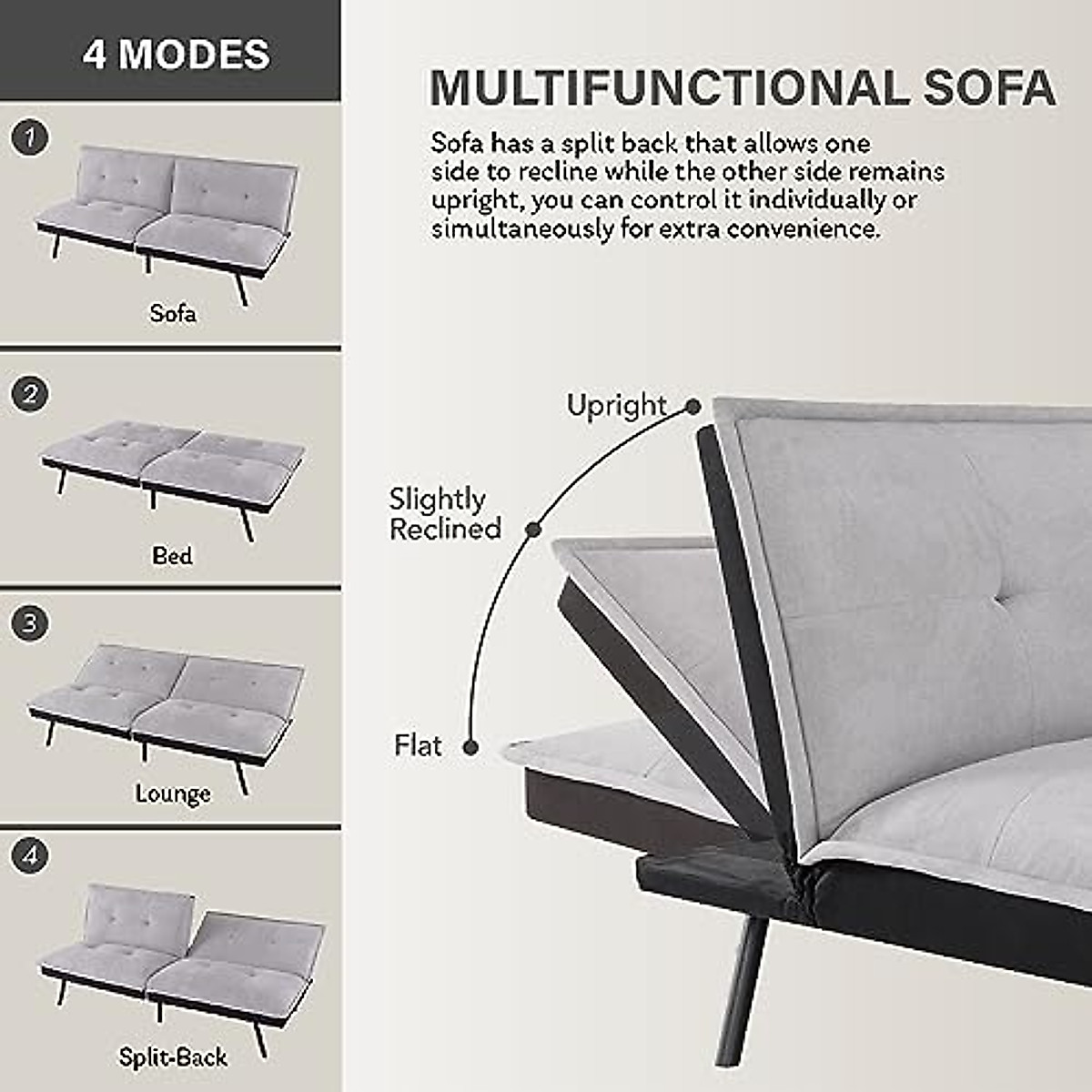 CH CHARME HOUSE Convertible Bed, Multi-Functional Design futon Couch with Adjustable Backrest, Modern Sleeper Sofa for Office, Living Room and Bedroom, Grey