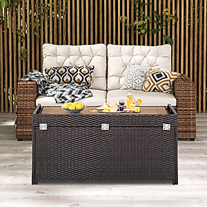 HAPPYGRILL Patio Storage Bench Rattan Wicker Deck Box with Acacia Wood Seat, Gas Strut, Zipper Liner, Handles, Outdoor Storage Container for Patio Furniture Cushions Pillows