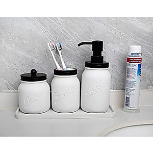 Bathroom Accessory Set,Mason Jar Bathroom Accessory Set, 4 Pcs Bathroom Accessory Set, White Quartz Sand, Include Lotion Dispenser &Tumbler& Cotton Jar&Tray