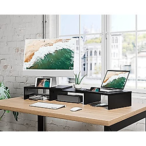 FITUEYES Dual Monitor Stand – 3 Shelf Computer Monitor Riser, Wood Desktop Stand with Adjustable Length and Angle, Desk Accessories, Office Supplies Light Black,DT111101WB
