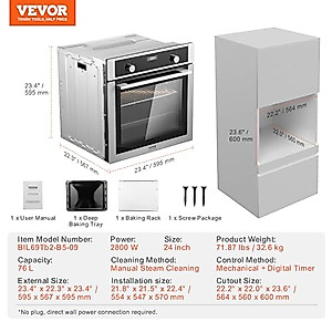 VEVOR Wall Oven, 24 inch Electric Built-in Wall Oven with 9 Cooking Functions, 2.68 Cu.Ft Convection Wall Oven with Digital Timer, Electric Single Wall Oven with Baking Rack and Tray, for Kitchen
