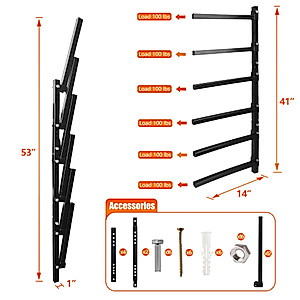 LOCKIETTA 6-Tiered Collapsible Wall Mount Lumber Storage Metal Rack, 6-Level Foldable Heavy Duty Indoor Garage Wood organizer, Outdoor Adjustable Steel Multipurpose Workshop Shelf, Holds up to 600Lbs
