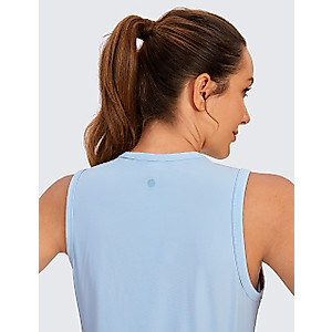 CRZ YOGA Pima Cotton Cropped Tank Tops for Women Soft High Neck Crop Workout Top Athletic Yoga Basic Sleeveless Shirts Blue Linen Medium