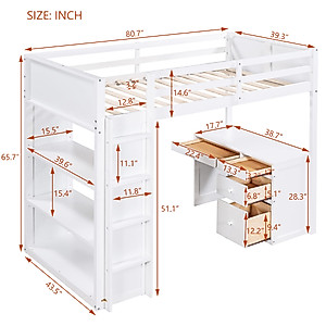 BIADNBZ Wooden Twin Size Loft Bed with Large Shelves Storage and Desk w/Built-in Drawers, Multifunctional LoftBed Frame w/Ladder for Kids Teens Adults Bedroom, White