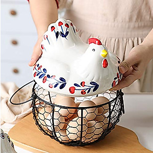 Chicken Design Ceramic Egg Storage Collect Basket, Holds 20-25 Eggs, Fresh Egg Holder, Organizer Case, Container for Counter