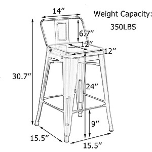 Andeworld Bar Stools Set of 4 Counter Height Stools Industrial Metal Barstools with Backrests (24 inch, Black)