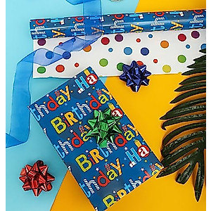 U'COVER Reversible Happy Birthday Wrapping Paper Roll for Kids Boys Girls - Birthday Greeting,Polka Dots Design Gift Wrapping Paper for Women Men Baby Shower Holiday 17.7inch×394inch Single Rolls