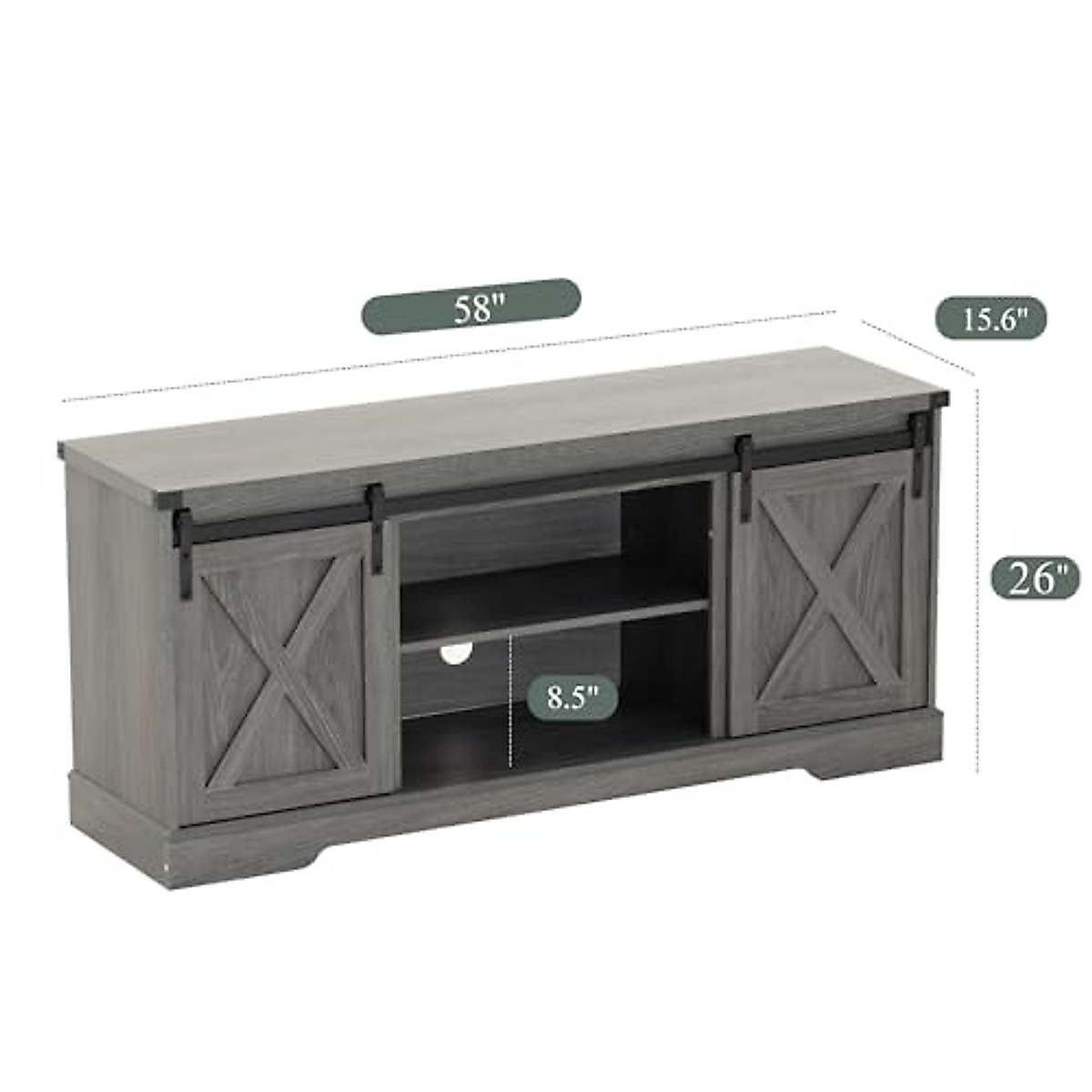 St.Mandyu Farmhouse TV Stand for TVs up to 65 inch, Wood Entertainment Center with Sliding Barn Doors, Media Console Storage Cabinets with Adjustable Shelves for Living Room Bedroom Office, Grey
