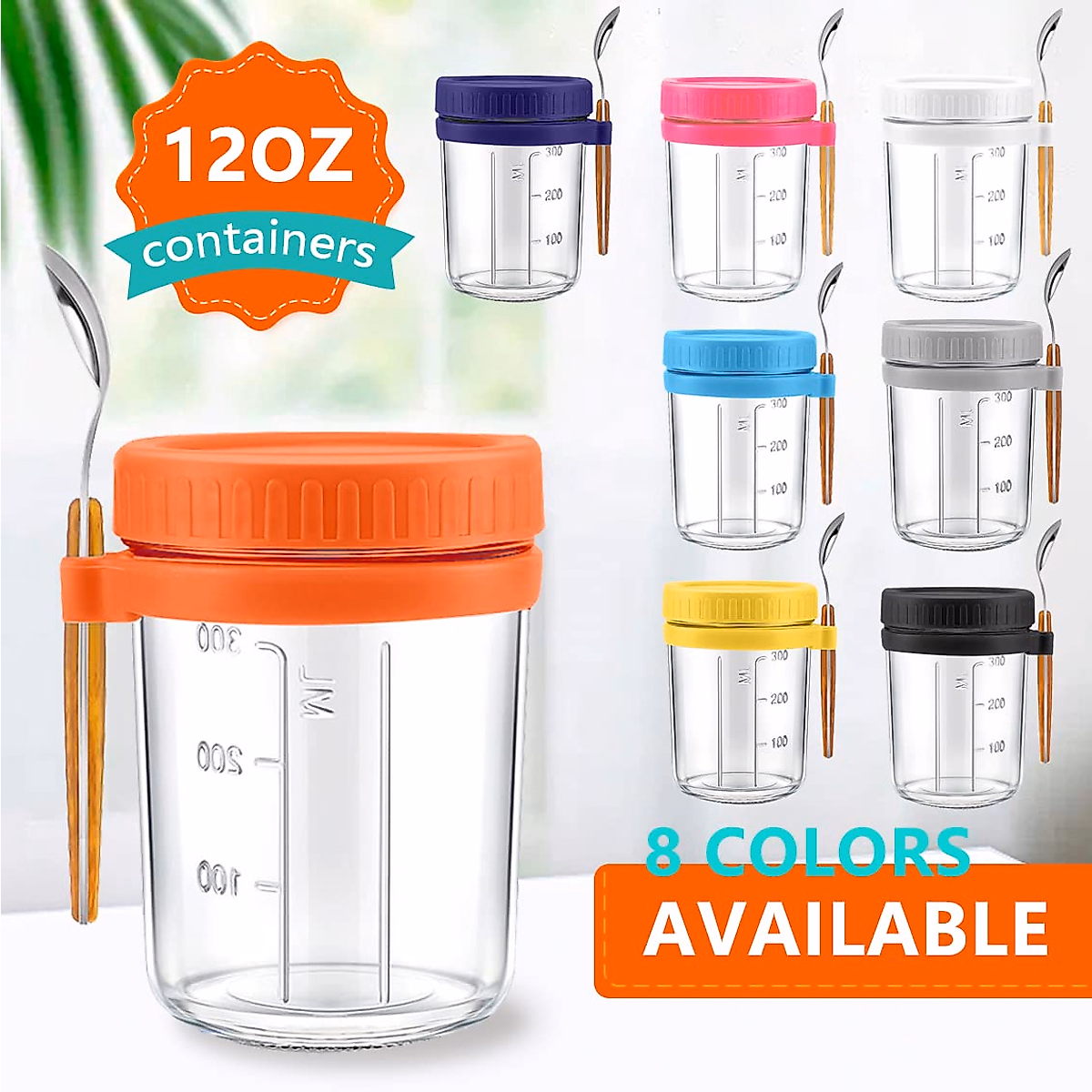 CGHWBEA Overnight Oats Container - Yogurt Oatmeal Glass Canning with Lids and Spoon, 10 oz Cereals, Milk, Fruit Salad, with Measurement Marks (grey)