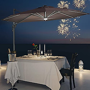 Outsunny 10ft Solar LED Cantilever Patio Umbrella, Aluminum Hanging Offset Umbrella Outdoor Sun Shade with 360 Degree Rotation, Lights, Tilt, Crank, Cross Base, Brown