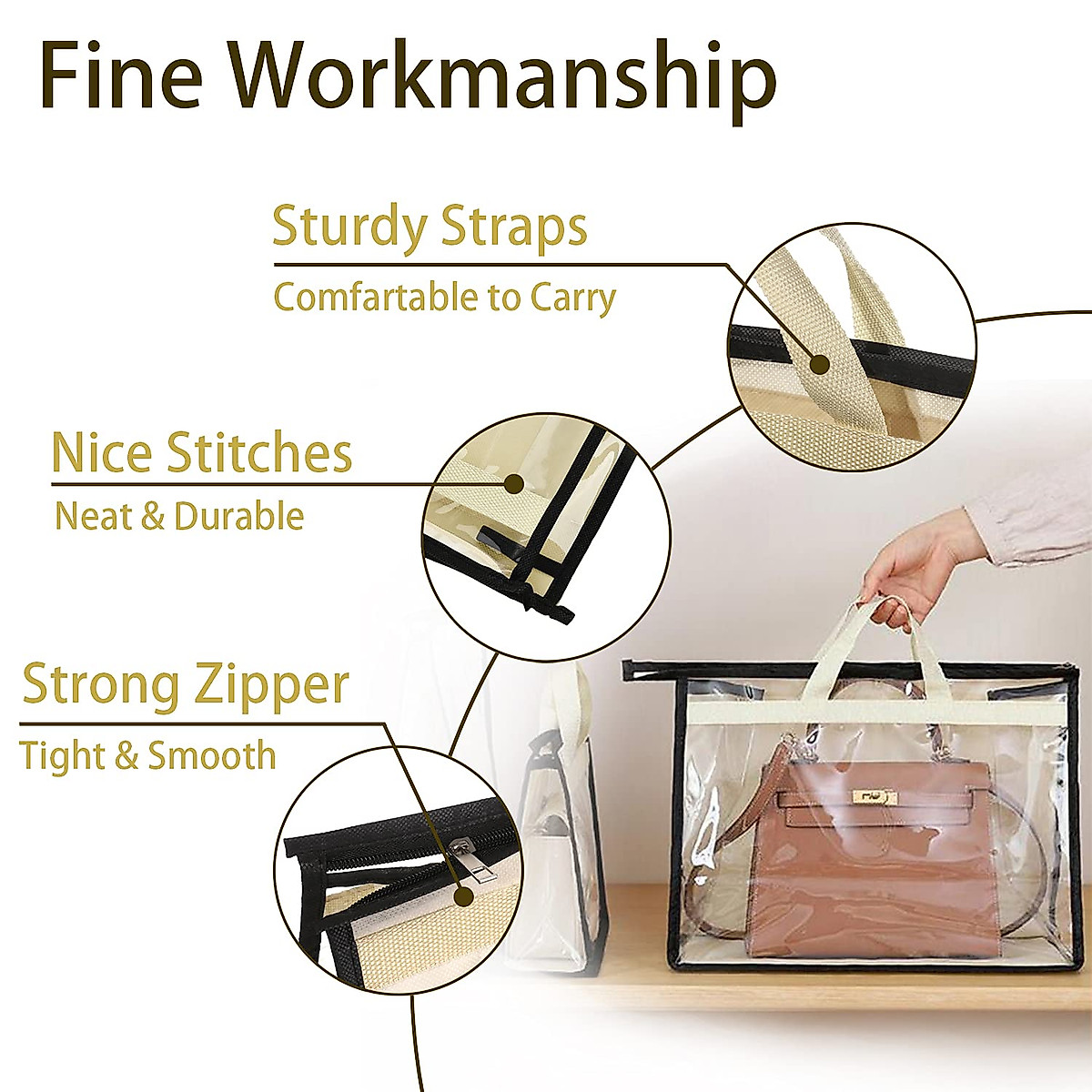 ENOCH Handbag Storage Organizer Dust Cover Bags for Handbag & Purse, Sturdy PVC Organizer for Wall Shelf & Closet, with Zipper and Handles(XL)