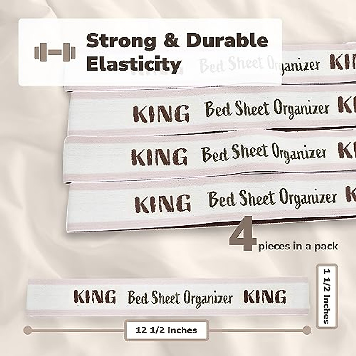 ECOHomes Bed Sheet Organizer and Storage Label Bands | Sheets Set Organizers for Linen Closet - Elastic Bedding Sheet Keepers Straps for Foldable Bedsheet, Pillow Case, Duvet (King 4PCs Pack | Cream)