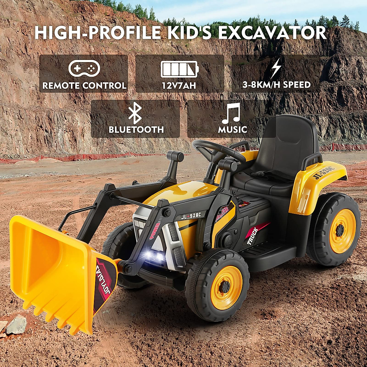 JOYLDIAS 12V Ride On Excavator with 2.4GHz Remote Control, Electric Construction Vehicle Bulldozer for Kids Digger with 3 Speeds, Bluetooth, Microphone Jack, Music, Lights, Yellow