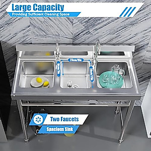 3 Compartment Commercial Utility Sink, 304 Stainless Steel Laundry Tub Culinary Sink, Freestanding Prep & Utility Washing Sink with 2 Faucets, Restaurant Sink Station for Outdoor Indoor