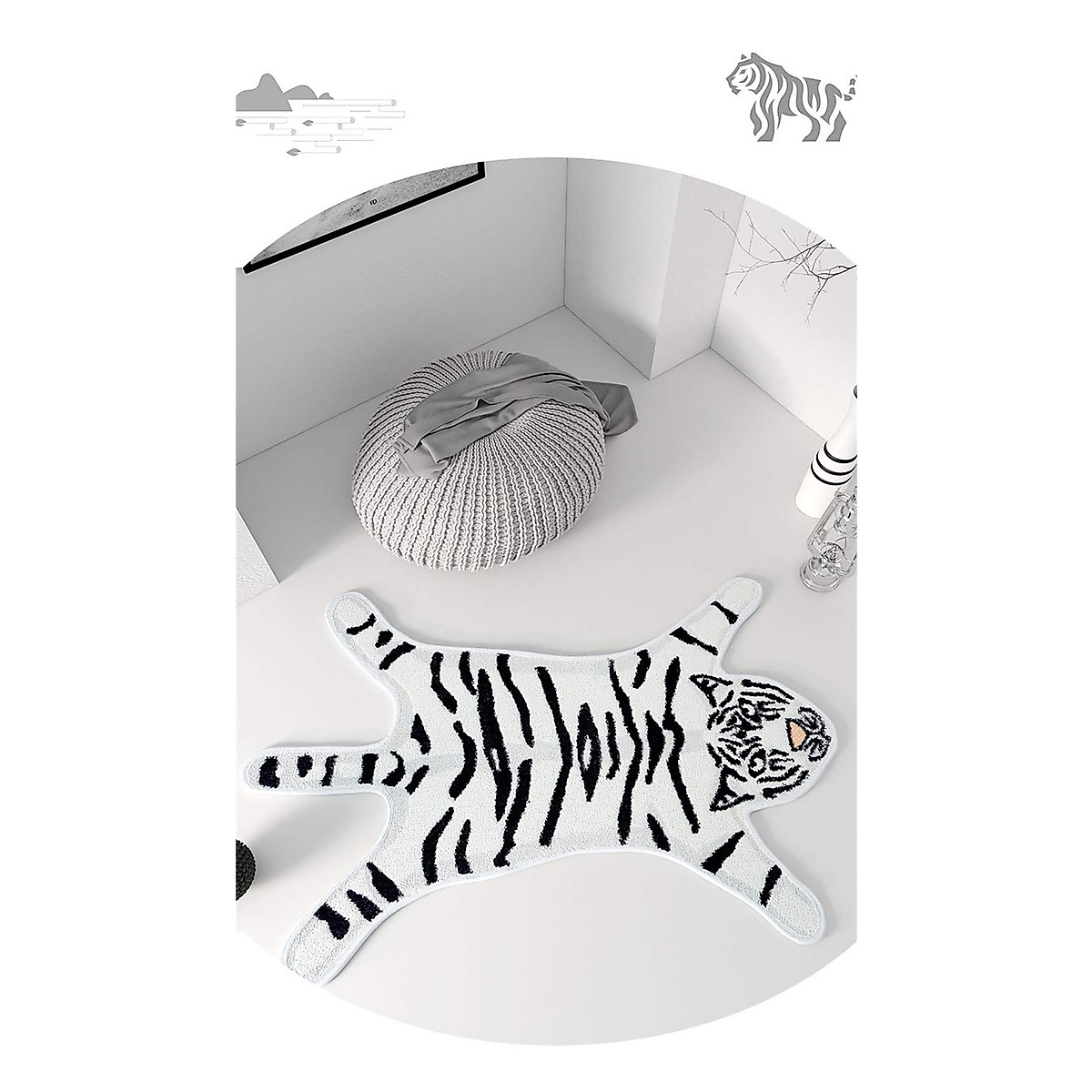 Tiger Print Rug Cartoon Cute Faux Area Rugs Fluffy Animal Print Mat Carpet Kids Small Rugs for Playroom Room Home Decor (2.6x1.8Ft /32.2" Lx21.4 W（54.5x82cm）,White)