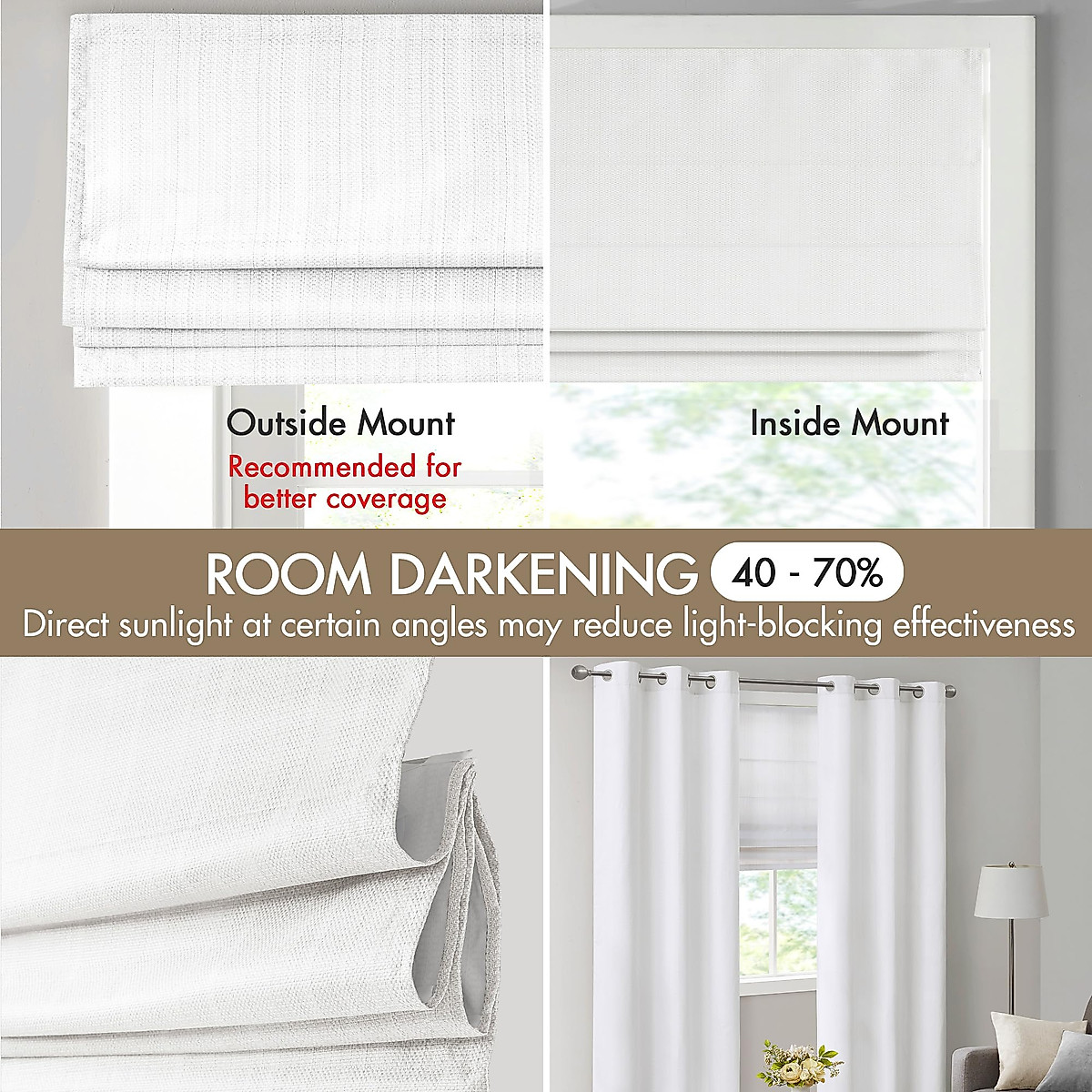 Madison Park Galen Cordless Roman Shades - Fabric Privacy Single Panel Darkening, Energy Efficient, Thermal Insulated Window Blind Treatment, for Bedroom, Living Room Decor, 27" x 64", White